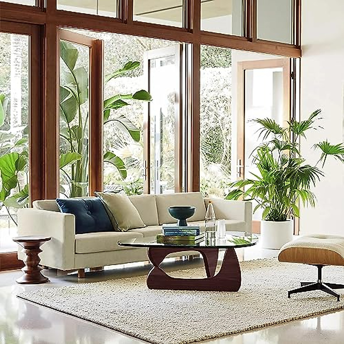 Rimdoc Triangle Coffee Table Modern Noguchi Vintage End Table, Solid Wood Base and Clear Glass Top Accent, for Living Room, Patio(Dark Walnut)