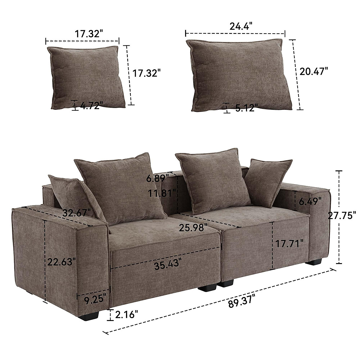 WILLOVE 89.3'' Modern Sofa Couches for Living Room, 3 Seater Cloud Couch with Deep Seat, Comfy Couch with Extra Wide Armrests & 4 Throw Pillows, Chenille Oversized Sofas for Office, Apartment, Brown
