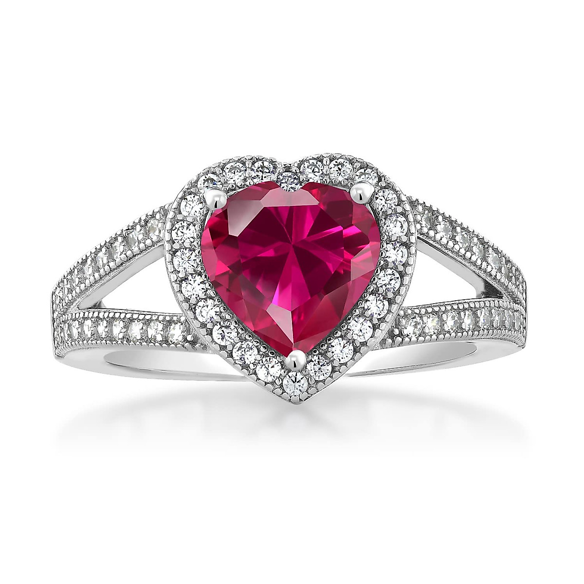 Gem Stone King 925 Sterling Silver Red Created Ruby and White Moissanite Ring For Women (2.41 Cttw, Gemstone July Birthstone, Heart Shape 8MM, Available In Size 5,6,7,8,9)