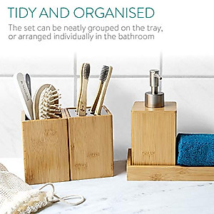 Navaris Bamboo Bathroom Accessories Set - 4-Piece Bath Set with Toothbrush Holder, Soap Dispenser, Storage Container, Organiser Tray - Natural Wood