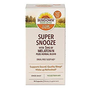 Sundown Super Snooze Melatonin 5mg Plus Herbal Blend, Supports Sound, Quality Sleep, 90 Capsules