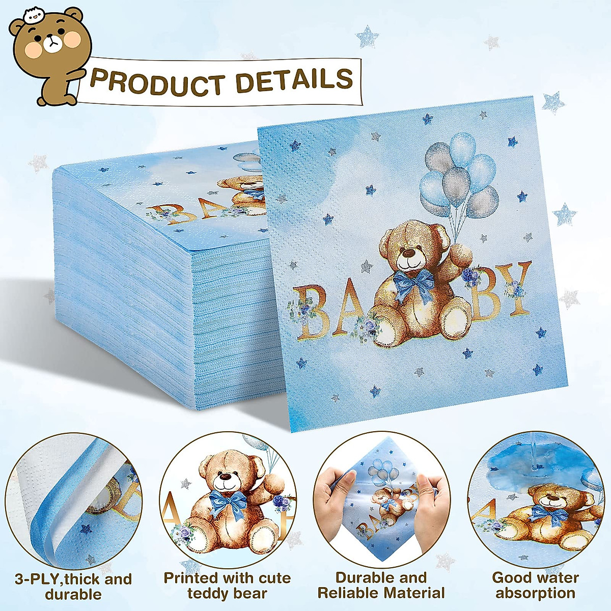 100 Pack Bear Baby Shower Napkins Square Bear 3 Ply Paper Napkins Blue Disposable Balloon Star Bear Cocktail Napkins for Baby Shower Gender Reveal Birthday Party Decorations, 5 x 5 Inch