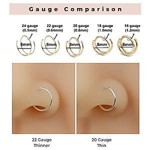 Double Nose Ring Hoop for Single Piercing, 14k Gold Filled or Sterling Silver Spiral Twist Nose Hoop for Women Girls (Silver -20g, Left Side-8mm)