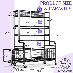 Dumbbell Rack, Weight Rack for Dumbbells, Home Gym Storage Rack for Yoga Mat Kettlebells Balls and Strength Training Equipment, Weight Storage Holder Rack for Dumbbells with Wheels and Hooks