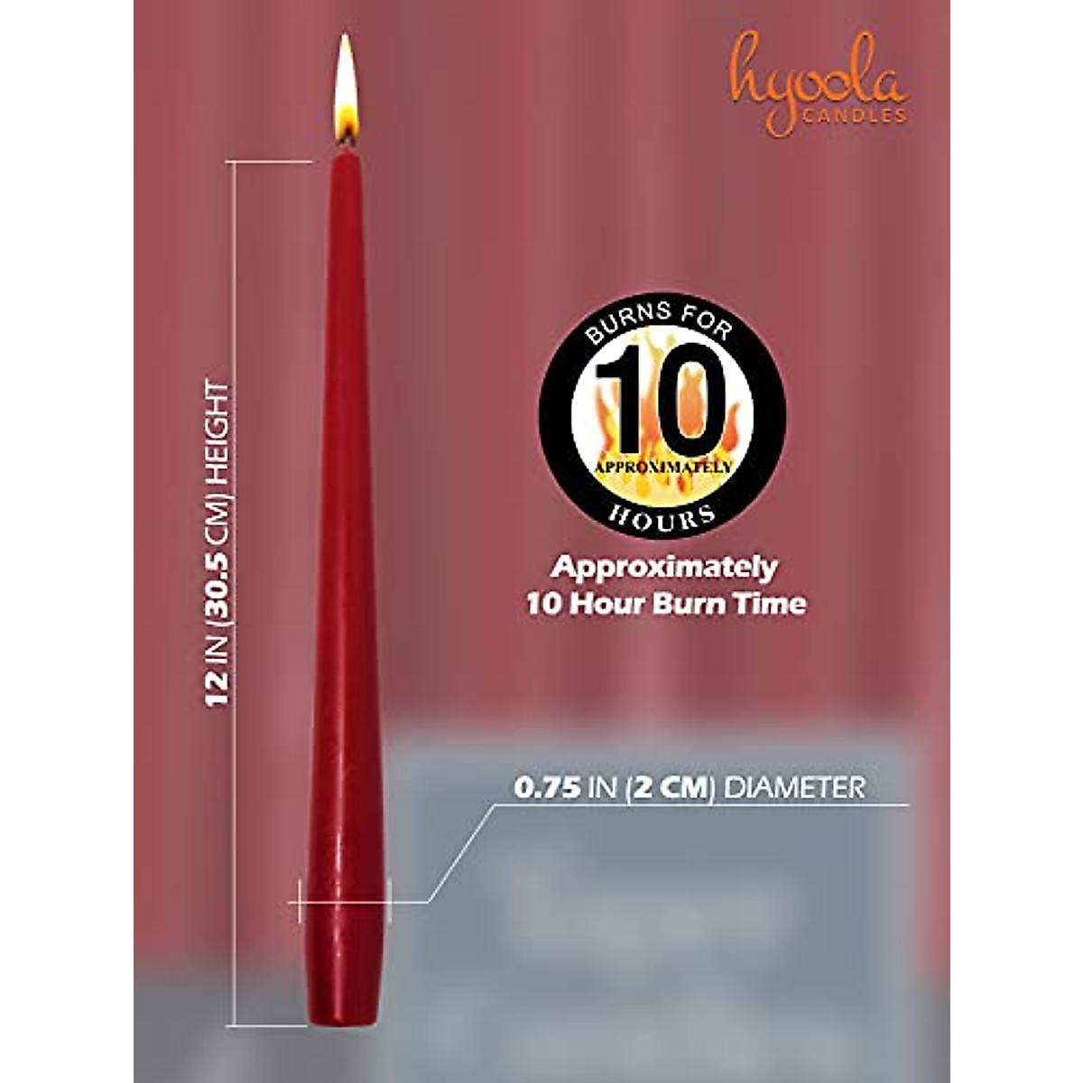 Hyoola Tall Taper Candles - 12 Inch Cherry Red Unscented Dripless Taper Candles - 10 Hour Burn Time - 12 Pack