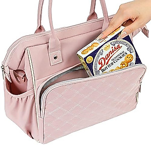 FINDCOZY Insulated Lunch Bag for Women, Cute Lunch Box, Reusable Cooler Bag with Removable Shoulder Strap and Side pockets for Work or Picnic, Pink