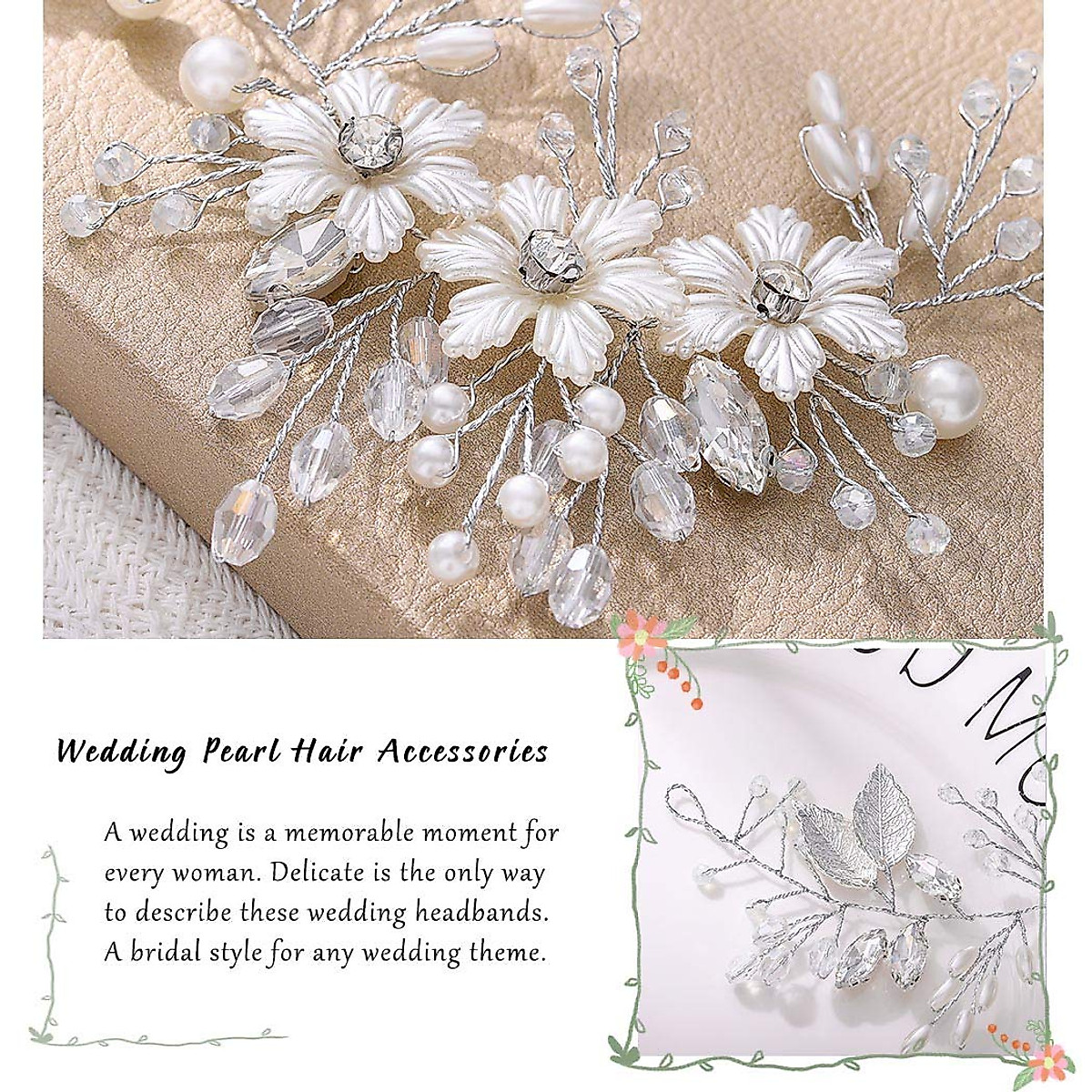 Unicra Bride Flower Wedding Hair Vine Leaf Silver Bridal Hair Piece Pearls Hair Accessories for Women and Girls