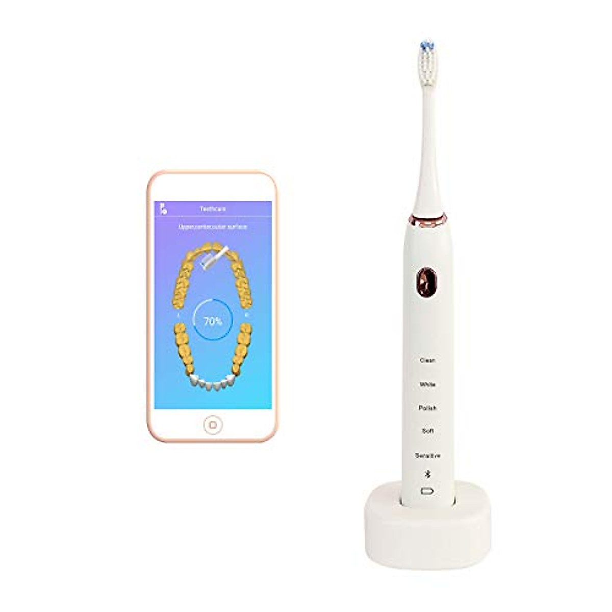 Over The Sea Sonic Bluetooth Rechargeable Electronic Toothbrush – 5 Modes – App Control – Smart Timer – Wireless Charging – Portable Power Toothbrush – 2 Replacement Dupont Brush Heads (White)