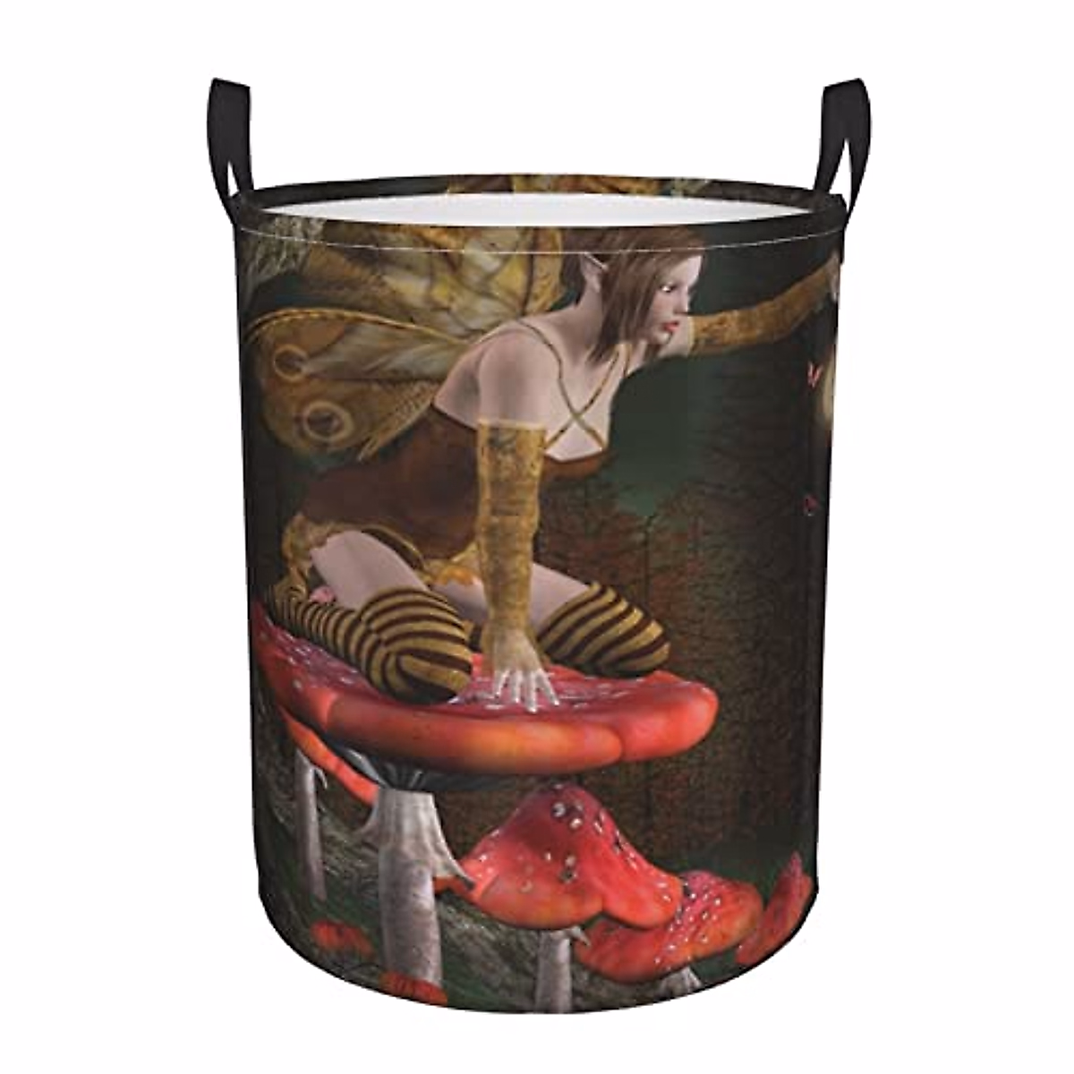 Laundry Basket,Mythical Fairy Creature Sitting On Mushroom Beside An Oak Tree Summer Forest,Large Canvas Fabric Lightweight Storage Basket/Toy Organizer/Dirty Clothes Collapsible Waterproof For College Dorms-Large