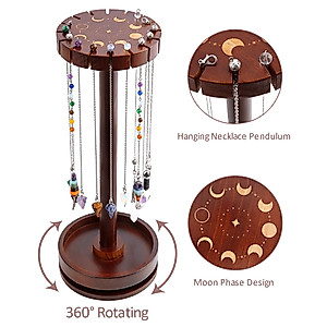 Ceiner Moon Phase Pendulum Display Stand with Tray, Wood Wiccan Rotating Crystal Holder for Up 16 Divination Dowsing Pendulums, Witch Organizer for Necklace Healing Stone Gift Rack