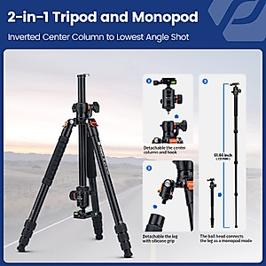 Fotopro 68 inch Camera Tripod Horizontal 360 Tripod Portable Monopod with Ball Head 16KG Load Capacity Quick Release Plate, for Travel and Work