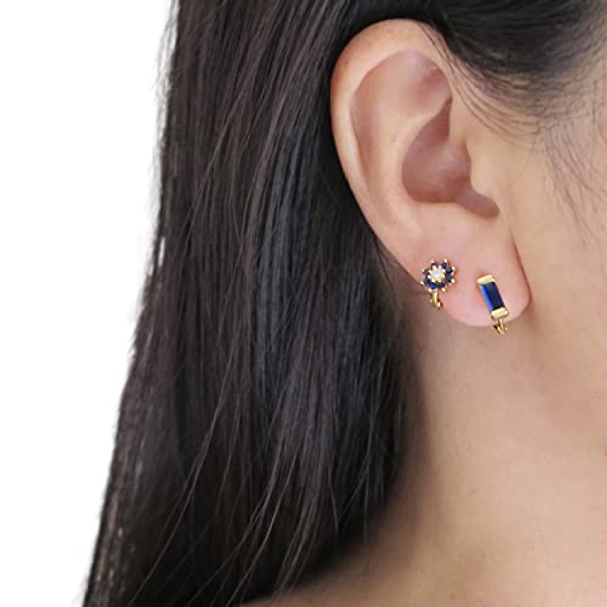 Sterling Silver Blue Sapphire TINY HUGGIE 8mm Layering Earrings Baguette Cubic Zirconia Gemstone Hypoallegic Nickel Free Lead Free Made In U.S.A (Rhodium Sterling Silver A Pair)