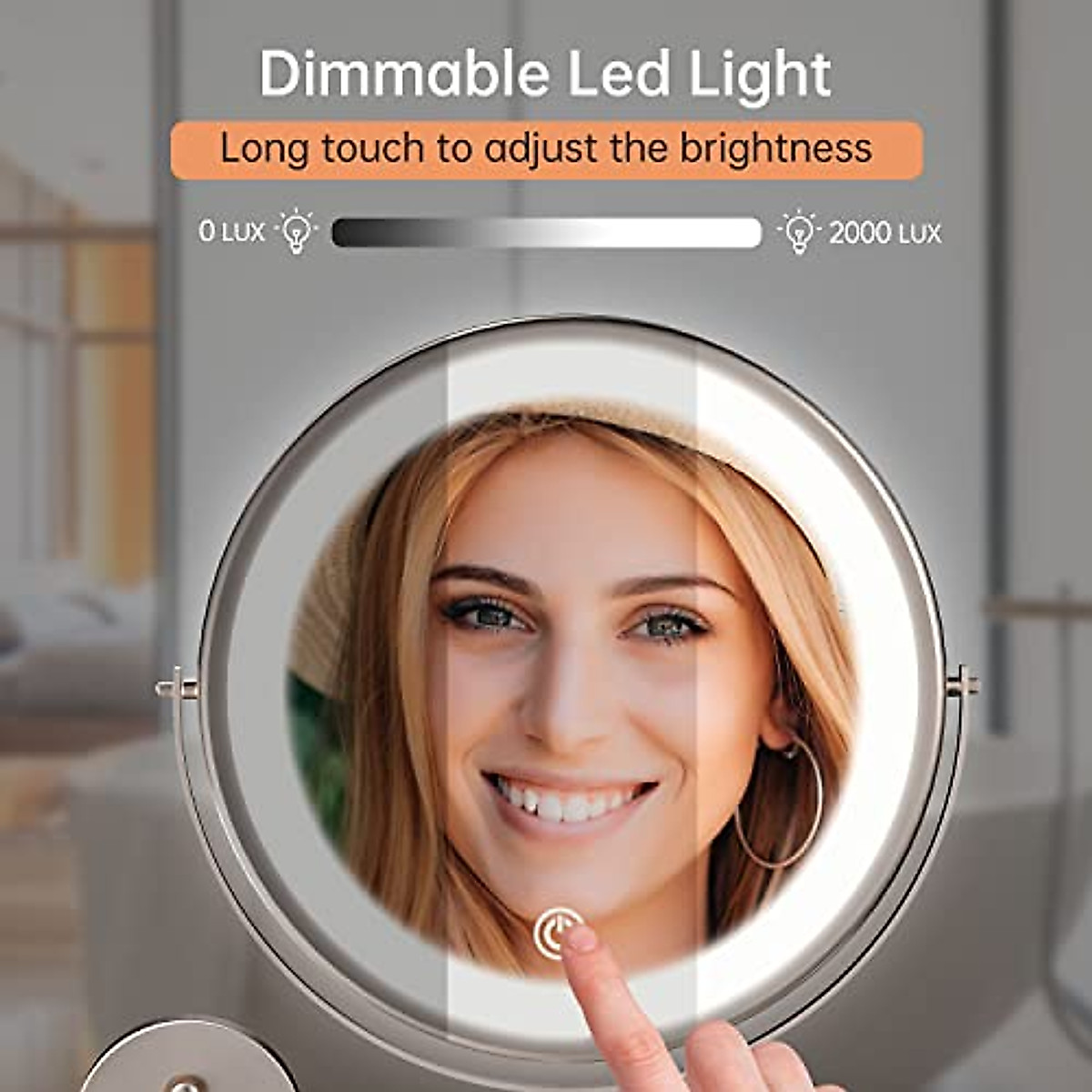 Rechargeable Wall Mounted Lighted Makeup Vanity Mirror 8 Inch Double Sided 1X 10X Magnifying Bathroom Mirror, 3 Color Lighting, Touch Screen Dimming, Extended Arm 360 Rotation Shaving Light up Mirror
