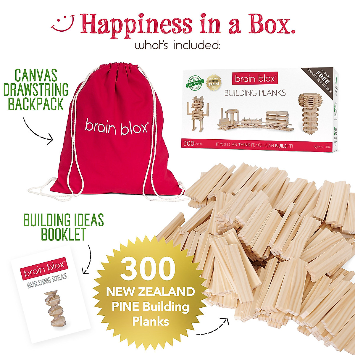 Brain Blox Natural Wooden Blocks for Kids Ages 4-8 - Montessori Blocks for Hands-on Learning - STEM and Architecture for Kids (300 Building Blocks)