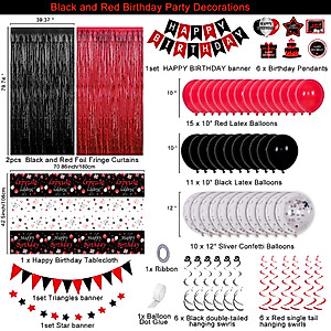 Red and Black Birthday Decorations for Men Women, Happy Birthday Party Decorations for Boys Girls with Happy Birthday Banner Tablecloth Foil Fringe Curtains Hanging Swirls Decor Black and Red Party