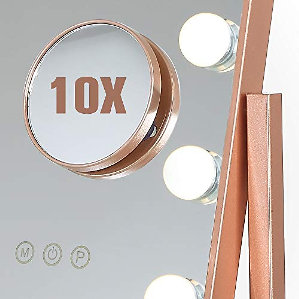 FENCHILIN Hollywood Mirror with Light Large Lighted Makeup Mirror Vanity Makeup Mirror Smart Touch Control 3Colors Dimable Light Detachable 10X Magnification 360°Rotation (Rose Gold)