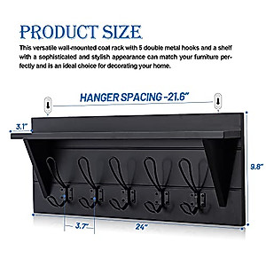 Zoopolyn Wall Shelf with Hooks Underneath 24’’ Long Wall Mounted Coat Rack with Shelf Coat Rack Wall Mount with Shelf Key Hooks for Wall Entryway Shelves for Wall 5 Triple Hooks Black