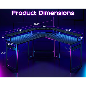 ODK L Shaped Gaming Desk with LED Lights & Power Outlets, 50.8" Computer Desk with Full Monitor Stand, Corner Desk with Cup Holder, Gaming Table with Hooks, Black Carbon Fiber