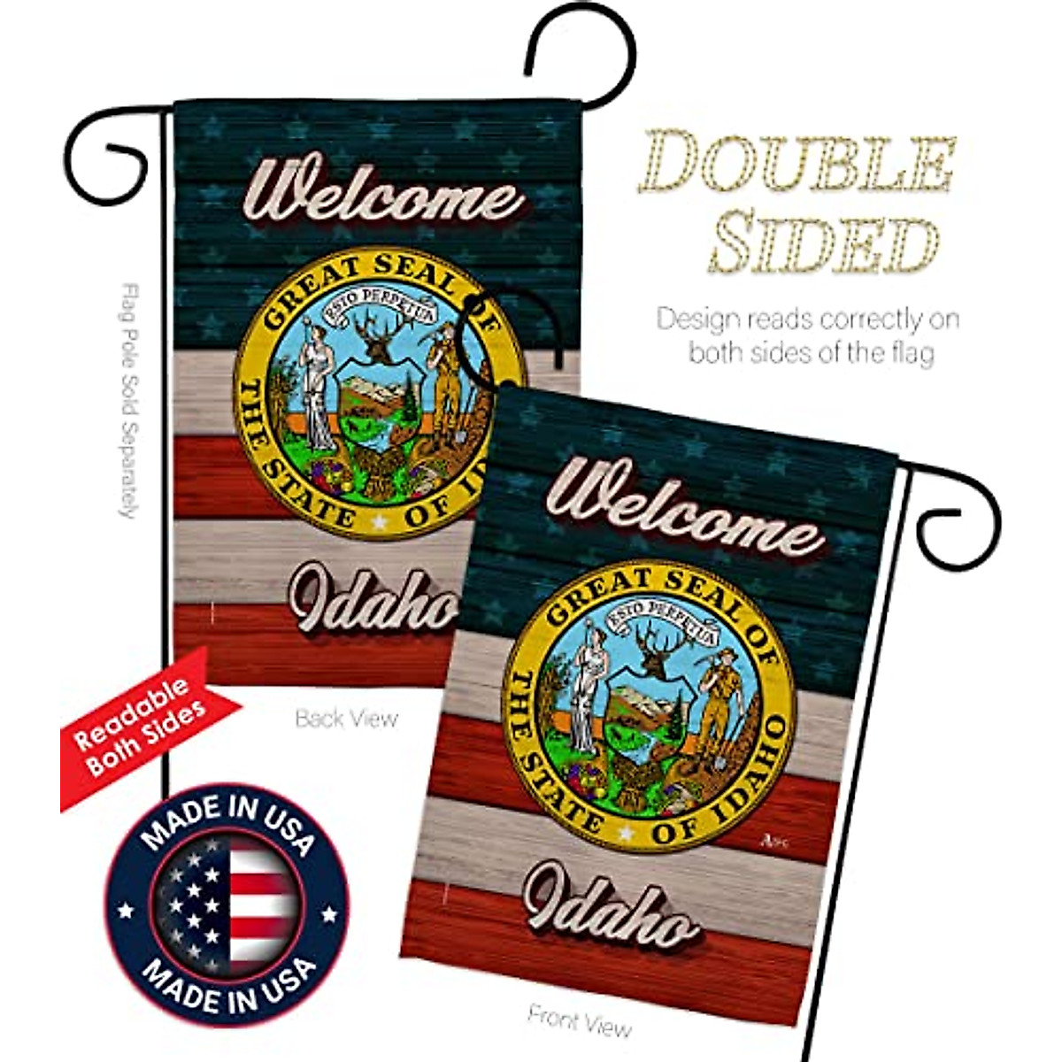 Welcome Idaho Garden Flag - Set Wood Dowel Americana States USA American Territories Republic Country Particular Area - House Decoration Banner Small Yard Gift Double-Sided Made in 13 X 18.5