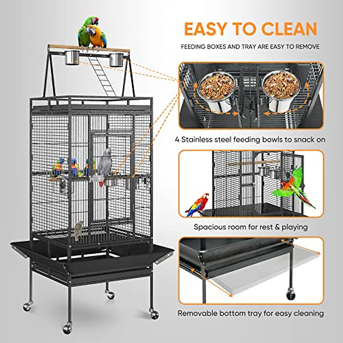SUPER DEAL 68-inch Large Bird Cage with Rolling Stand African Grey Parrot Chinchilla Finch Cage Macaw Conure Cockatiel Cockatoo Pet House Wrought Iron Birdcage, Black