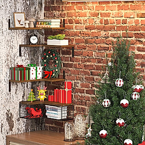 Zincify 4+1 Corner Floating Shelves with Wire Storage Basket, Corner Wall Shelves Rustic Wood for Bathroom, Kitchen, Bedroom, Living Room, Office, Corner Shelf Wall Mounted Dark Brown