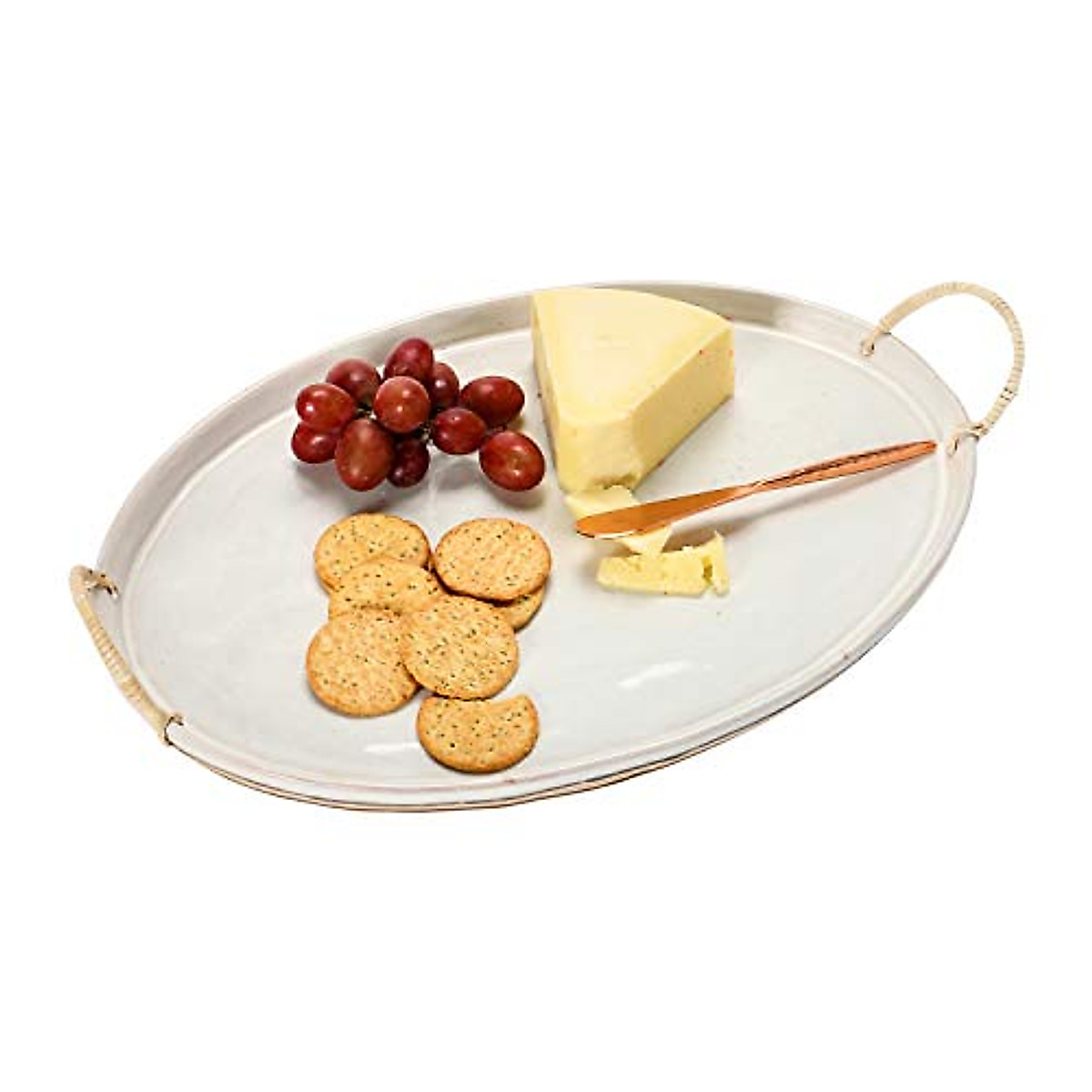 Creative Co-Op Stoneware Platter with Rattan Wrapped Handles, Reactive Glaze, White & Brown (Each One Will Vary) Tray