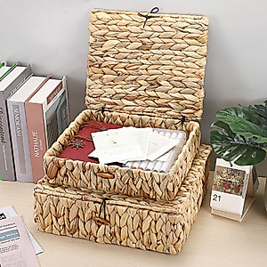 Hipiwe Wicker Storage Basket Bins with Lid Natural Water Hyacinth Basket Bin Boxes Rectangular Decorative Shelf Baskets Box Stackable Flat Woven Storage Box for Home Organizing, 2-Packs