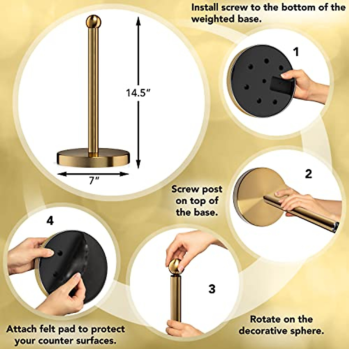 Modern Touch Accents Paper Towel Holder – Hand Towel Dispenser with Weighted Non-Slip Base for Kitchen, Countertop, Bathroom & Hotels - Easy One-Handed Tear Toilet Paper Roll Holder (Brushed Gold)