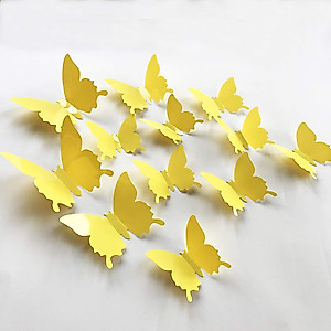3D Yellow Butterfly Wall Stickers Yellow 24 pcs Removable Mural Stickers Wall Stickers Decal for Home and Room Decoration Kids Room Bedroom Decor Living Room Sticker (Yellow)