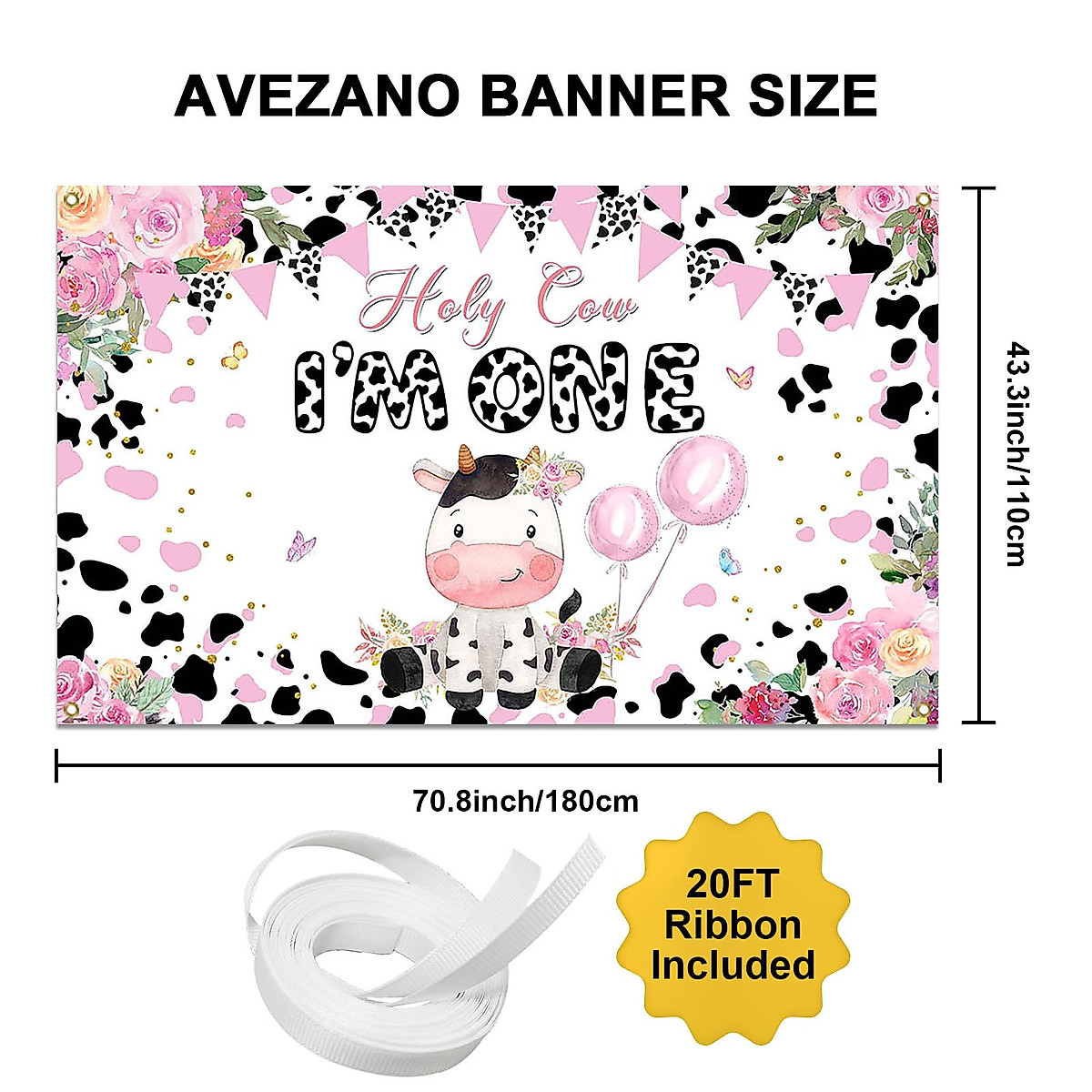 Avezano Holy Cow I'm One 1st Birthday Backdrop for Girls Pink Pink Flower Milk Cows 1st Birthday Party Decorations Holy Cow I'm One Banner Large 70.8 x 43.3 Inch