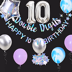 Iridescent Double Digits Happy 10th Birthday Banner Garland Foil Balloon 10 for Girls Boys 10th Birthday Decorations Hanging 10 and Fabulous Cheers to 10 Years Old Ten Birthday Party Supplies Backdrop