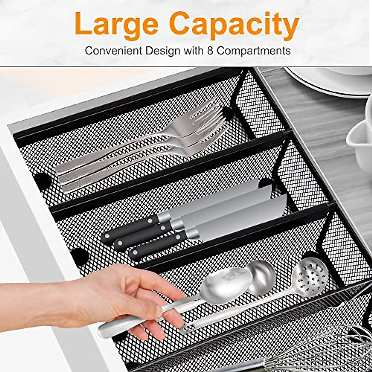 Silverware Drawer Organizer for Kitchen Interlocking Arm for Flatware