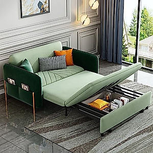 comfor u 53.5" Full Sleeper Sofa Green Upholstered Convertible Sofa Bed 3 in 1 Sleeper Sofa Couch Bed, Small Tufted Velvet Convertible Loveseat Futon Sofa w/Pullout Bed, Multi-Pockets for Living Room