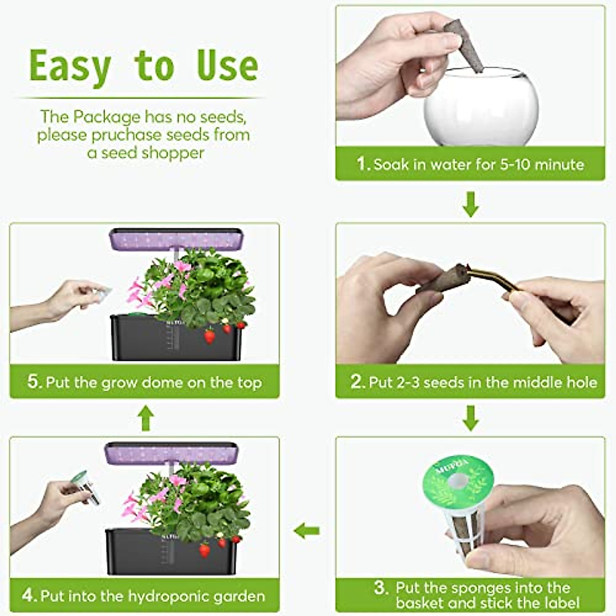 Seed Pods for Hydroponics Growing System - (No Seeds), Hydroponics Supplies with 24 Grow Sponges, 12 Planting pods,2 Set a&b Hydroponic Nutrient Plant Food,28 Stickers,12 Seeding Cover, Total 76 Pcs