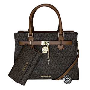 MICHAEL Michael Kors Hamilton MD Satchel bundled with Trifold Wallet and Purse Hook (Signature MK Brown)