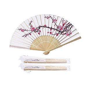 Sepwedd 50pcs Delicate Plum Blossom Blossom Design Imitated Silk Fabric Bamboo Folded Hand Fan Bridal Dancing Props Church Wedding Gift Party Favors with Gift Bags
