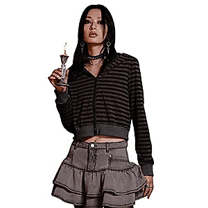 Verdusa Women's Punk Rock Striped Print Zip Up Cropped Hoodie Sweatshirt Shirt Y2K Top Multicolor L