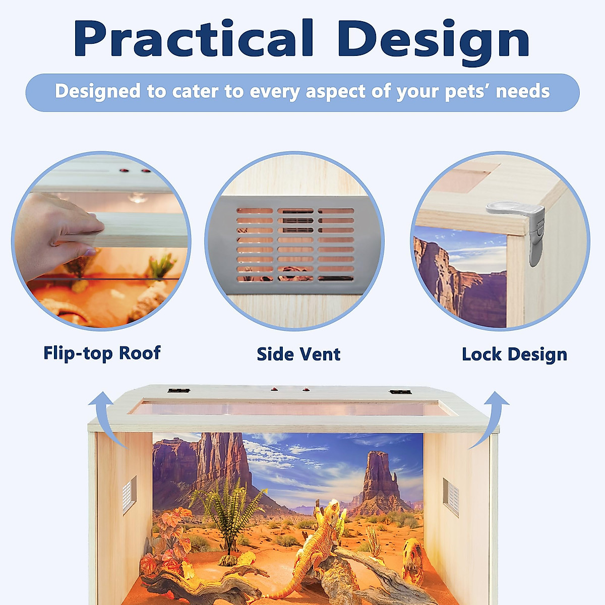 Prolee Reptile Terrarium, Lizard Tank Up to 68 Gallons, Bearded Dragon Tank with Roof Door, Snake Tank with Built-in Lamp Fixture and Switch (21 Gallon, 24" Long, Openable Wood Roof)