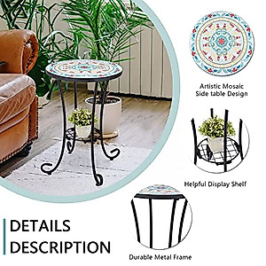 VCUTEKA Outdoor Side Table Mosaic Patio Table Accent Table Mosaic Tile Top Metal Frame Small End Table Porch Beach Patio Garden Balcony Beige 14''