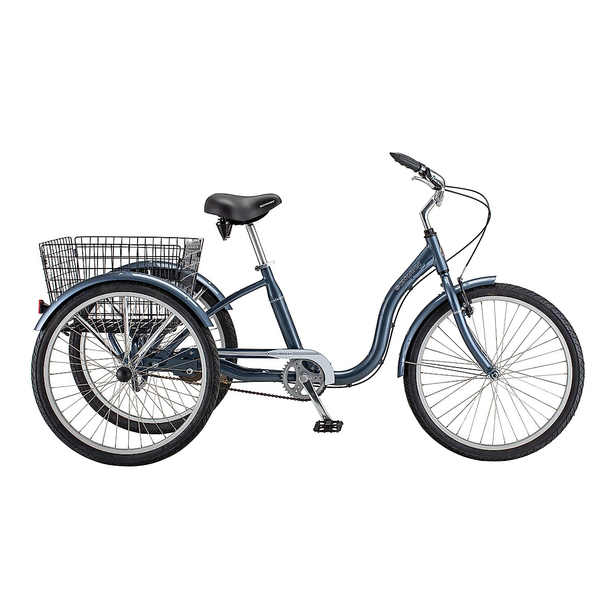 Schwinn Meridian Adult Tricycle Bike, Mens and Womens Three Wheel Beach Cruiser, 24-Inch Wheels, Low Step-Through Frame, Wide Seat, Rear Folding Basket, 1-Speed, Slate Blue