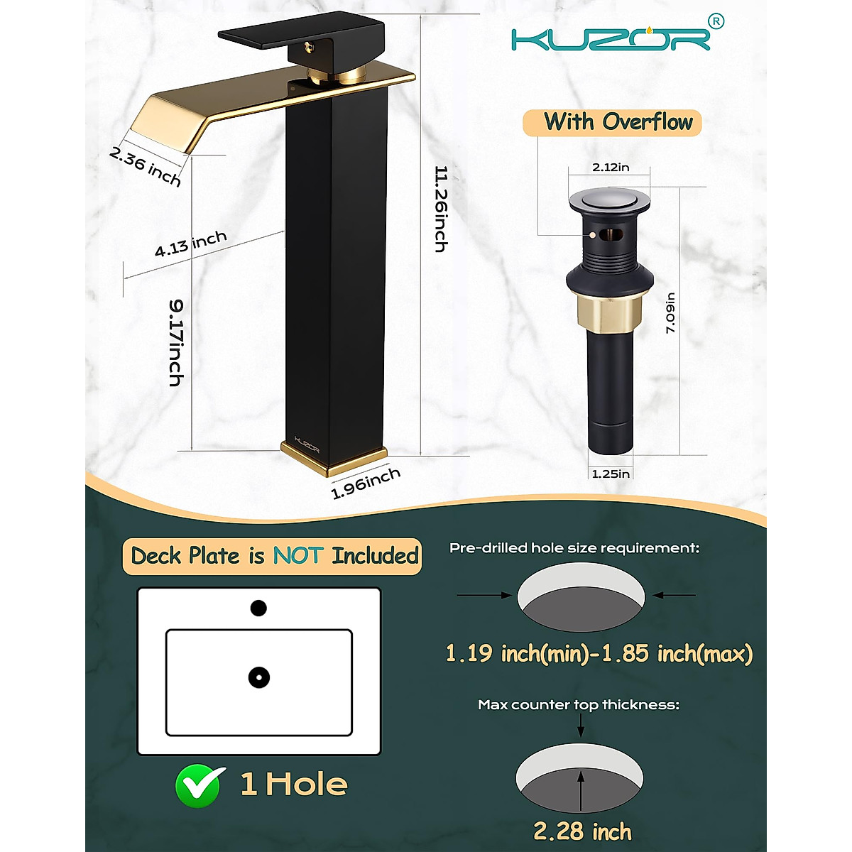 KUZOR 1PC Vessel Sink Faucet Brass Stainless Steel, Tall Bathroom Faucet 1 Hole 5-Minutes Installation - for Bathroom/Vanity/Bowl Sink - 11.26 Inch Height, 24.9 Oz Weight - Matte Black/Shiny Gold