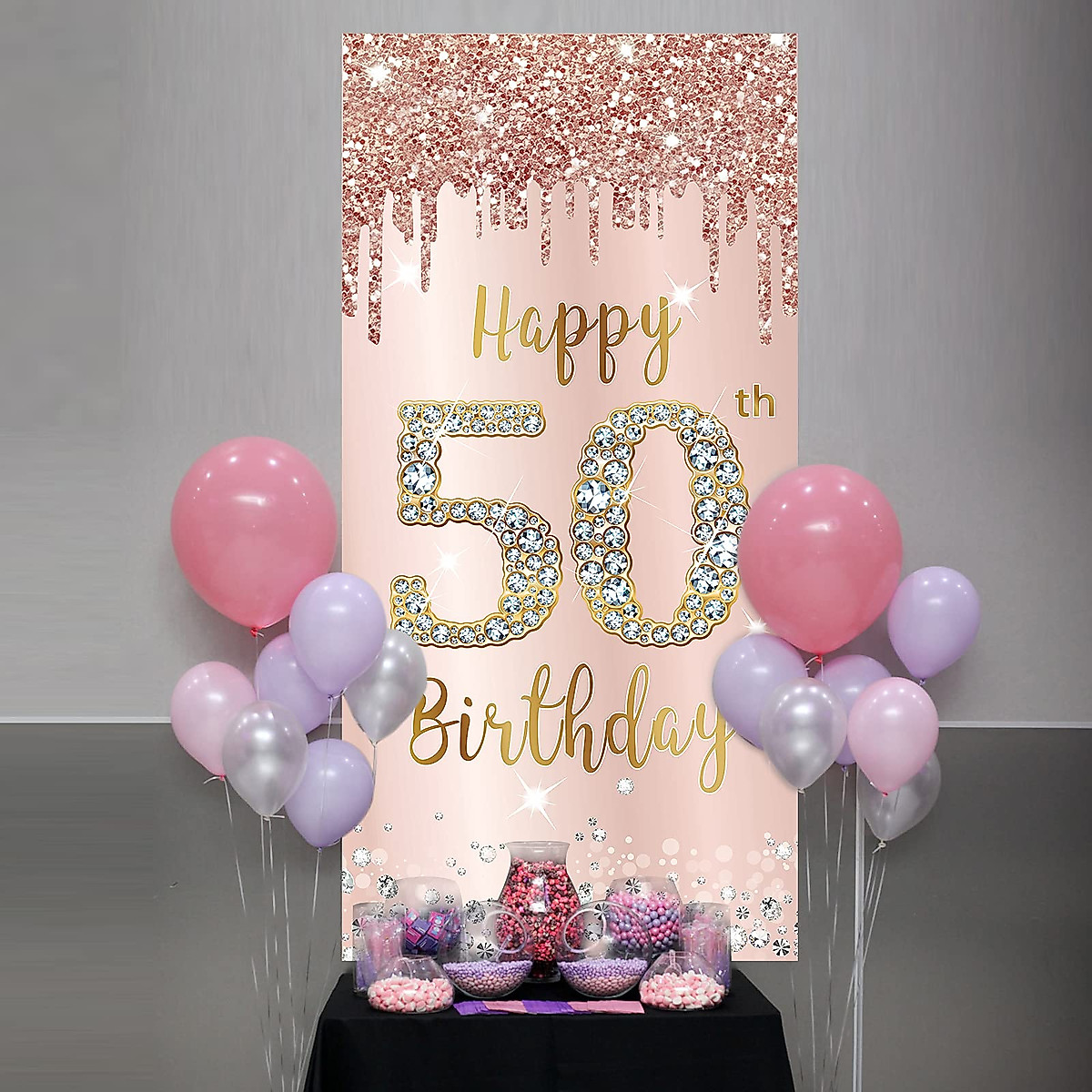 Happy 50th Birthday Door Banner Decorations for Women, Pink Rose Gold 50 Birthday Party Door Cover Sign Backdrop Supplies, Fifty Year Old Birthday Poster Background Photo Booth Props Decor