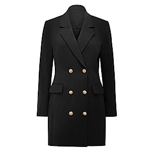 futurino Women's Casual Solid Color Long Sleeve Lapel Double Breasted Mid Length Suit Office Blazer Outwear Black