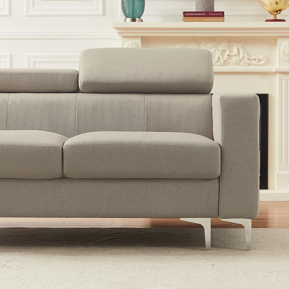 HAUSHECK 3 Piece Sofa U Shape Sectional Couches with Headrests Adjustment, Left Chaise with Storage, Linen Fabric, Living Room Furniture Set, 120" D x 94.5" W x 36.2" H, Smoke