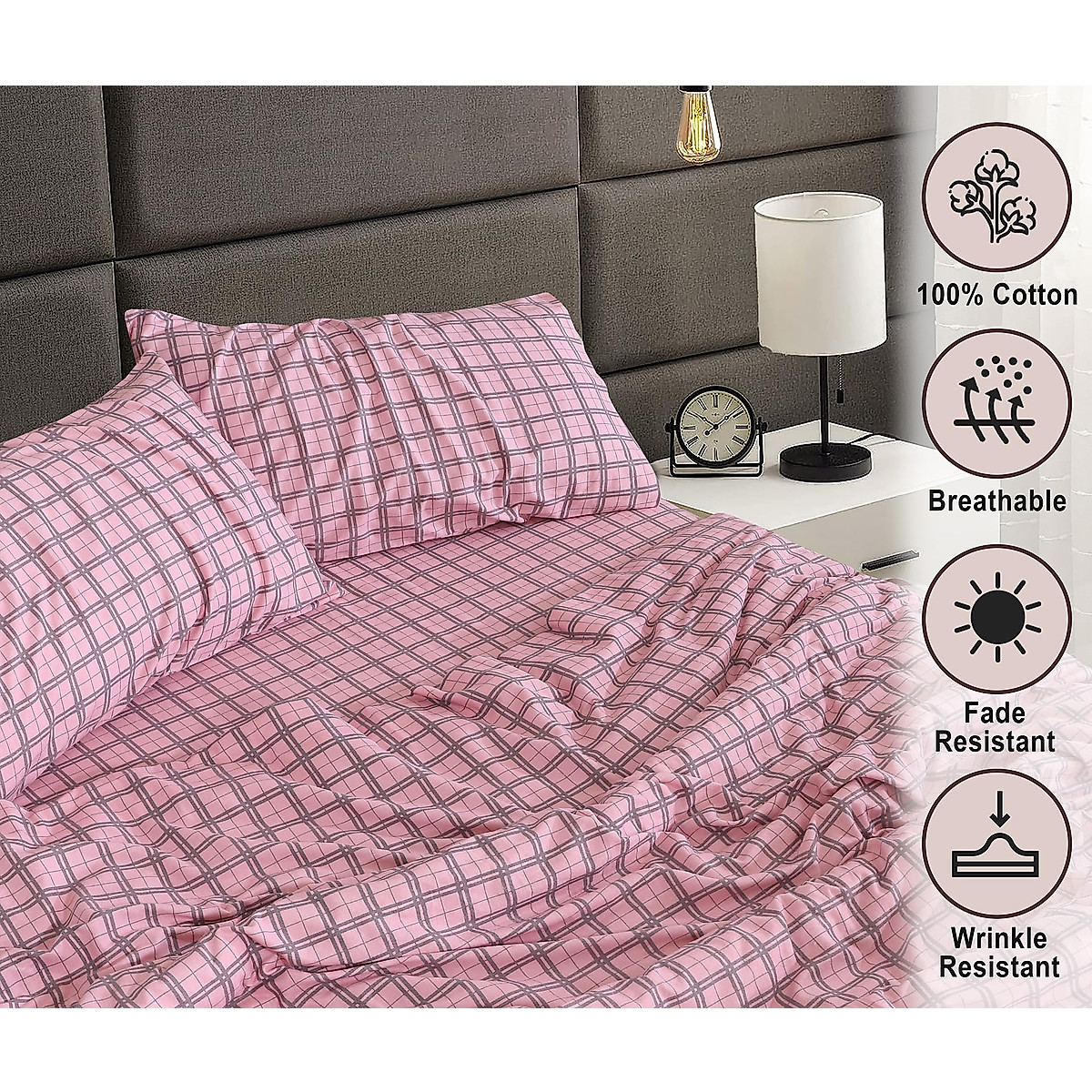 RUVANTI Flannel Sheets Full Size - 100% Cotton Brushed Flannel Bed Sheet Sets - Deep Pockets 16 Inches - All Seasons Breathable & Super Soft - Warm & Cozy - 4 Pcs - Check & Bolt Pink