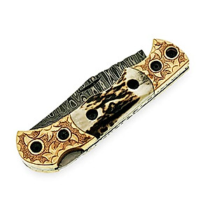 Back Lock Handmade Folding knife Pocket knife Damascus Steel Blade Back Lock Stag Horn Handle Leather Sheath BW-5160