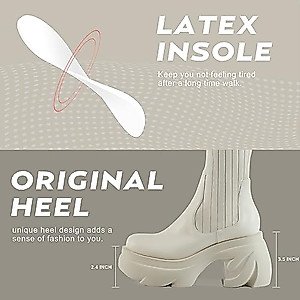 Shoe'N Tale Thigh High Knit Sock Boots Round Toe Mid Chunky Heel Stretch Over the Knee Boots for Women(7,Cream-unique Heel)