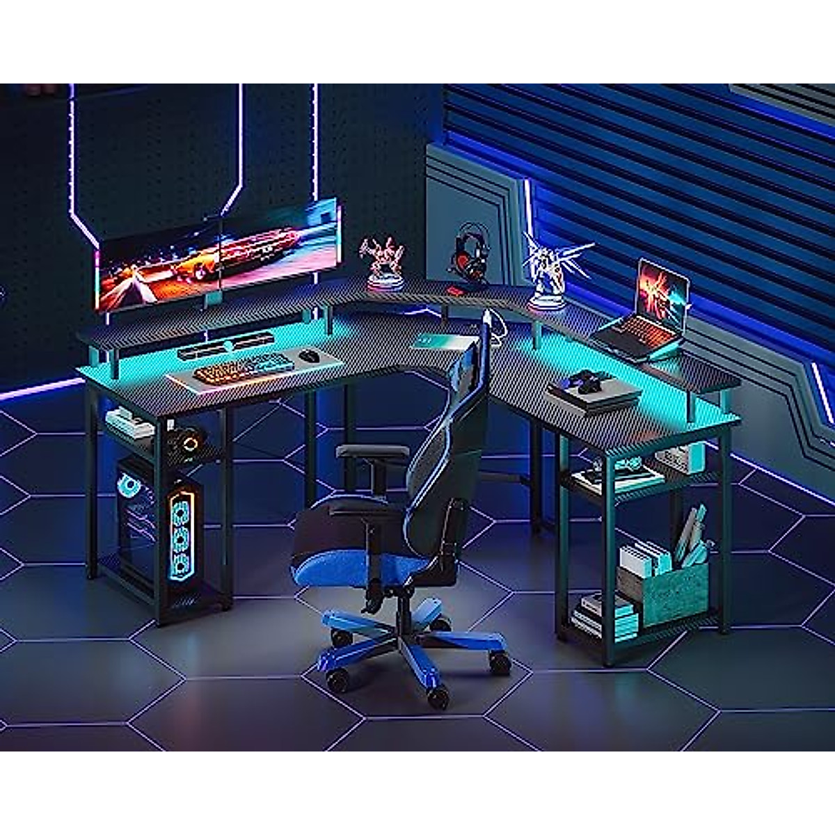 Coleshome L Shaped Gaming Desk with LED Lights & Power Outlets, Reversible 56" Computer Desk with Full Monitor Stand & Storage Shelves, Ergonomic Home Office Corner Desk, Black Carbon Fiber