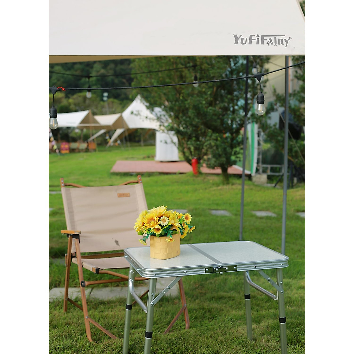 YUFIFAIRY Small Folding Table with Mesh Layer, 3 Adjustable Heights Aluminum Lightweight Portable Folding Table with Extension Legs, Camping Table for RV, Picnic and Indoor