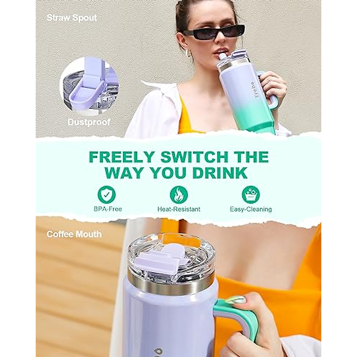 Trebo 40oz Tumbler with Handle and Straw Lid, 2-in-1 Lid,Insulated Stainless Steel Mug Water Bottle with Small Pouch,Reusable Metal Travel Coffee Cup Flask Cup Holder Friendly,Keep Cold Hot, Purple